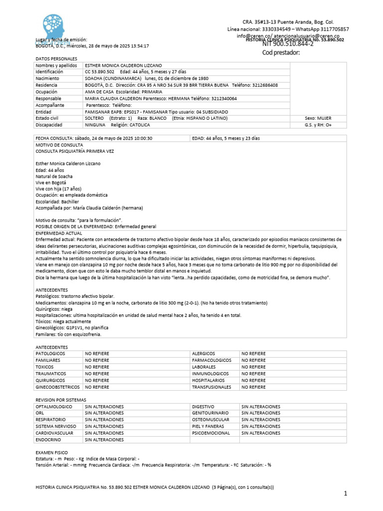Historia Clinica de Esther Monica Calderon Lizcano (Psiquiatria) | PDF ...