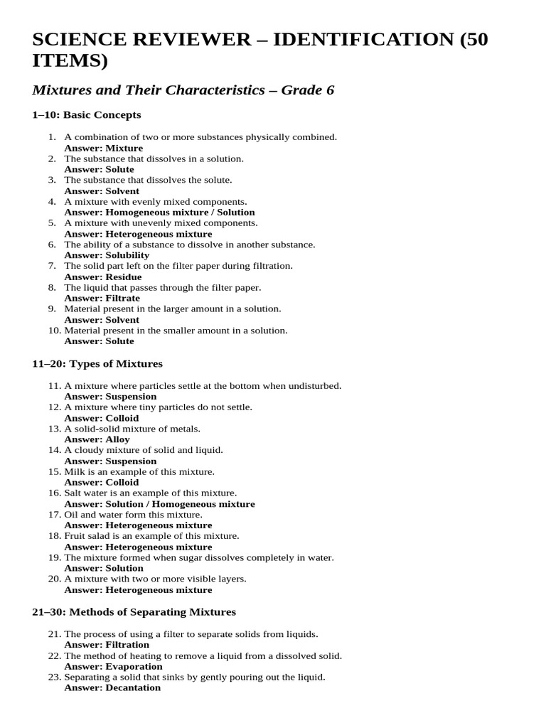 Grade 6 Science Mixtures Review Guide | PDF | Planets | Mixture