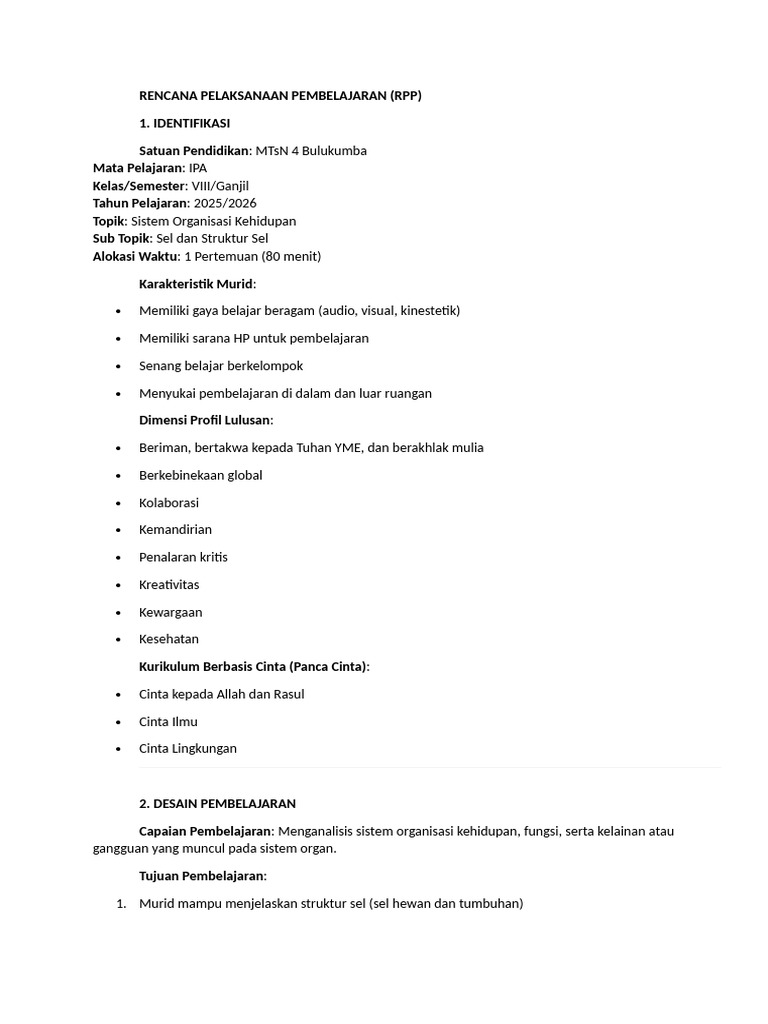 RPP IPA Kelas VIII: Sel dan Struktur Sel | PDF