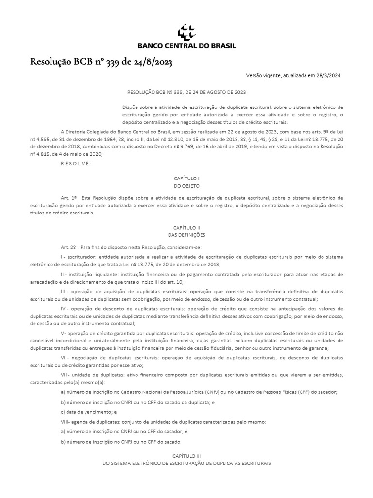 Resolução BCB 339 sobre Duplicatas Escriturais | PDF | Escrituração ...