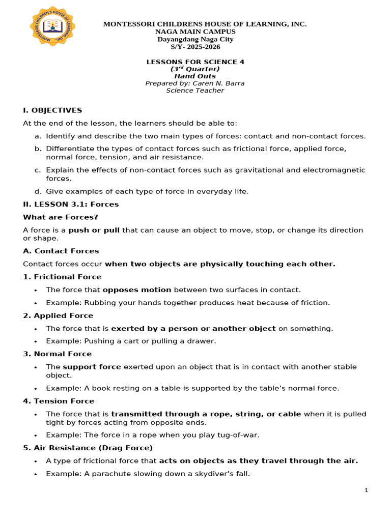 Lesson Plan Handouts Grade 4 Science (3rd Quarter) | PDF | Force | Friction