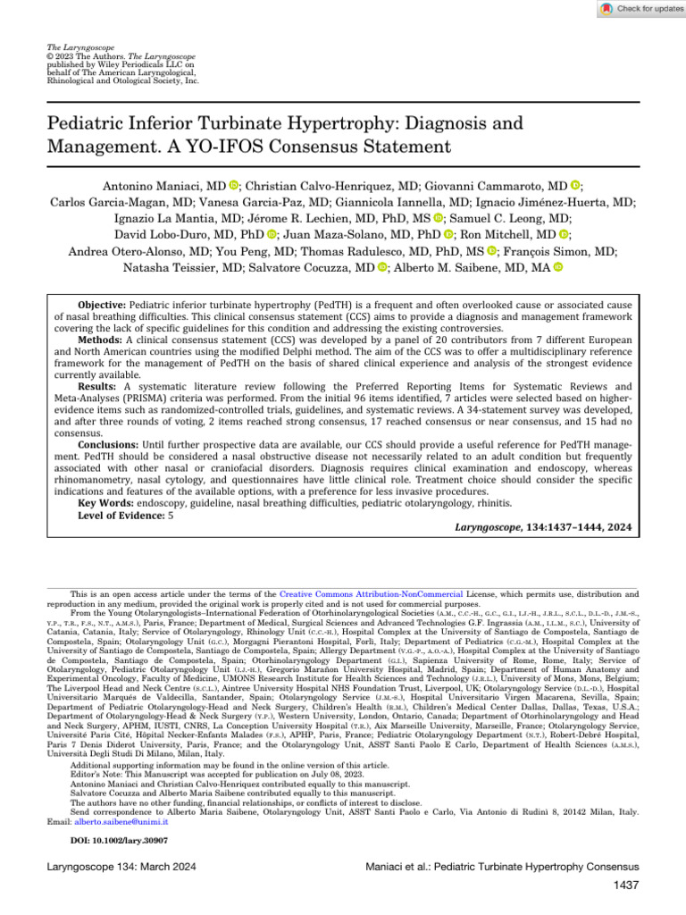 The Laryngoscope - 2023 - Maniaci - Pediatric Inferior Turbinate Hypertrophy Diagnosis and ...