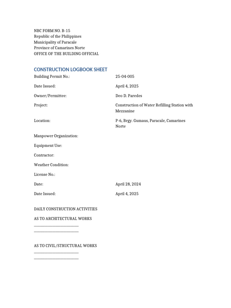 Filled Construction Logbook April To November 2024 | PDF | Asset ...