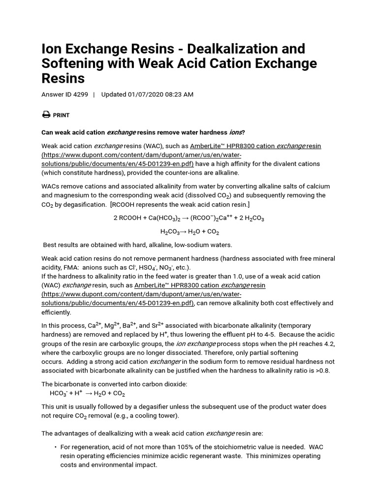 Dealkalization and Softening With Weak Acid Cation Exchange Resins | PDF | Ion Exchange | Alkalinity