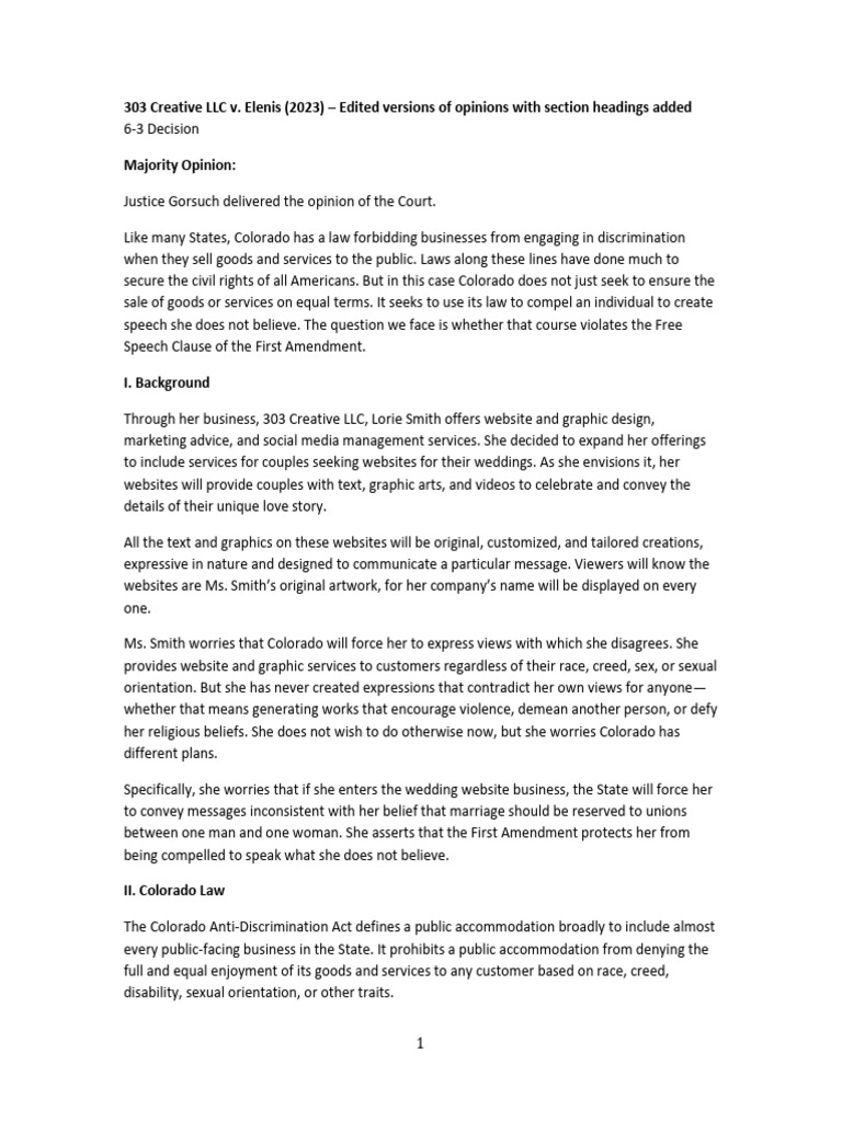 303 Creative v. Elenis Edited Opinions | PDF | First Amendment To The ...