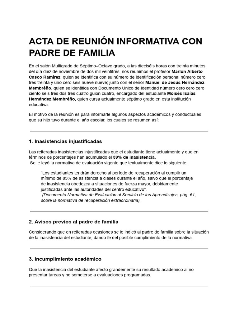 Acta de Reunión Informativa Con Padre de Familia | PDF