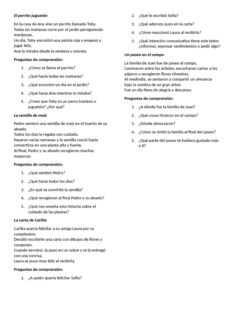 Cuentos infantiles y preguntas de comprensión | PDF