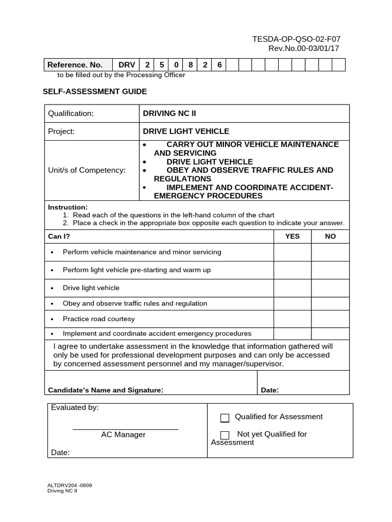 Driving NC II Self-Assessment Guide | PDF