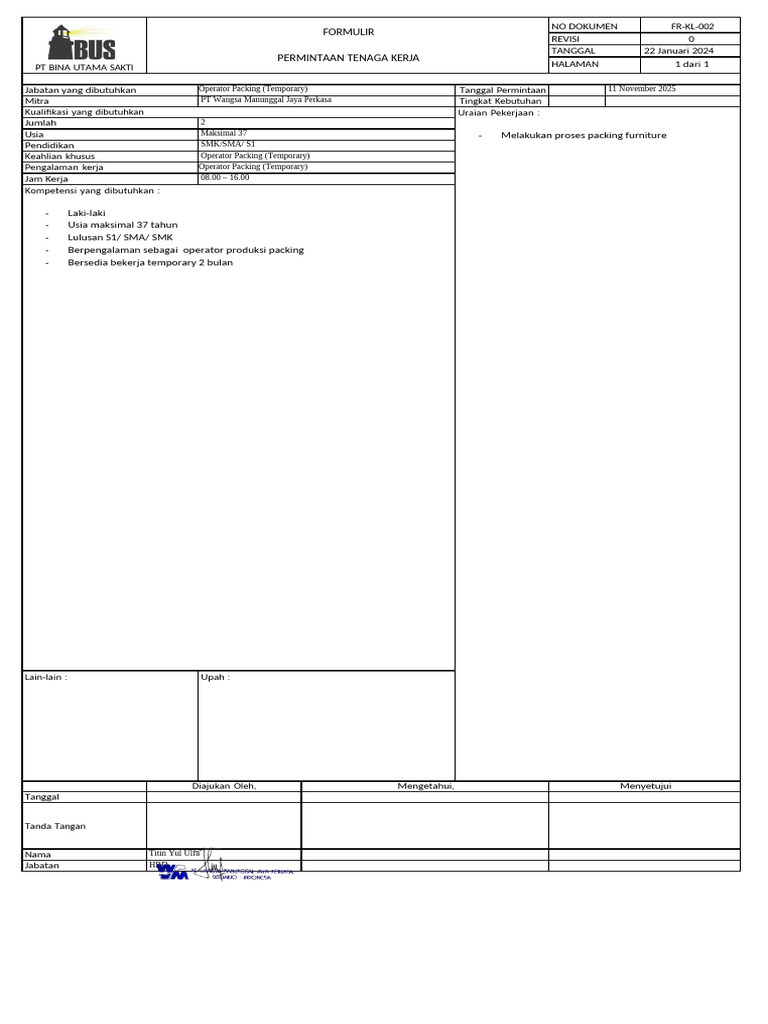 Fr-kl-002 (Form Permintaan Karyawan) | PDF