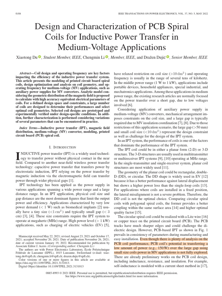 Design and Characterization of PCB Spiral Coils for Inductive Power Transfer in Medium-Voltage ...