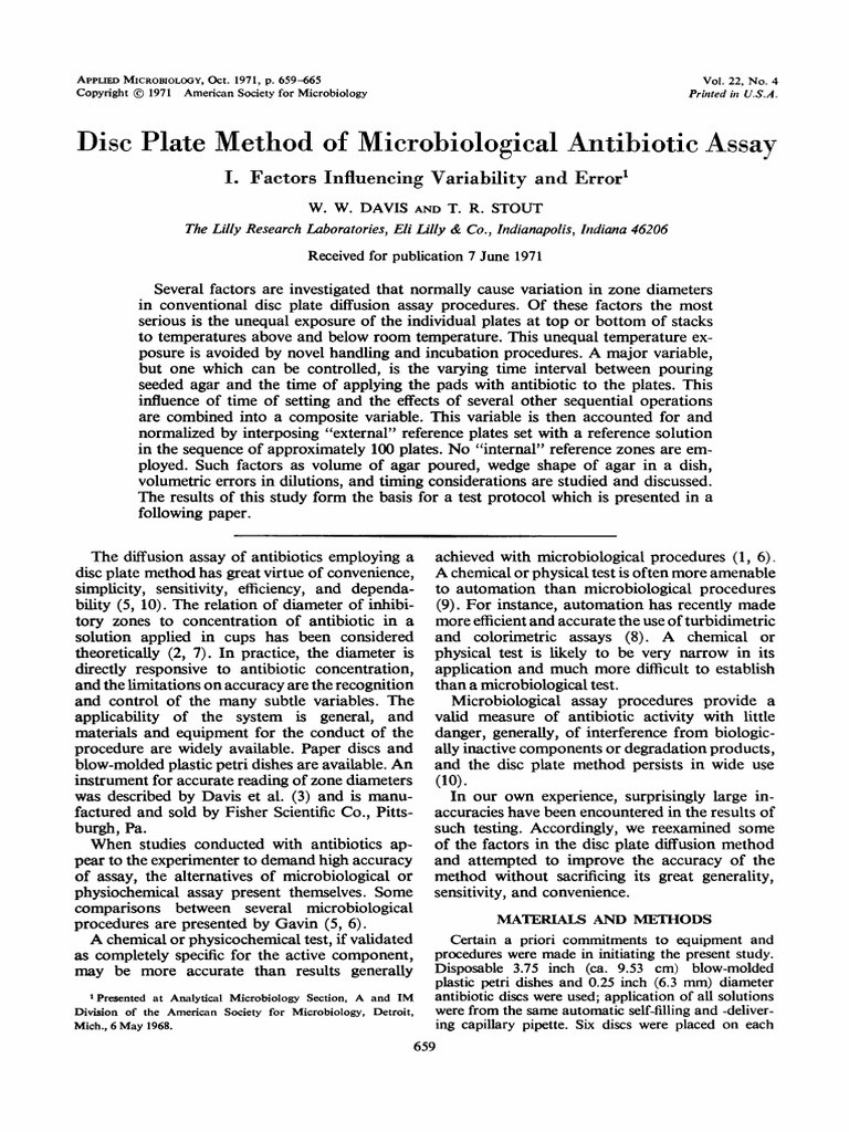 Davis Stout 1971 Disc Plate Method of Microbiological Antibiotic Assay | PDF | Volume
