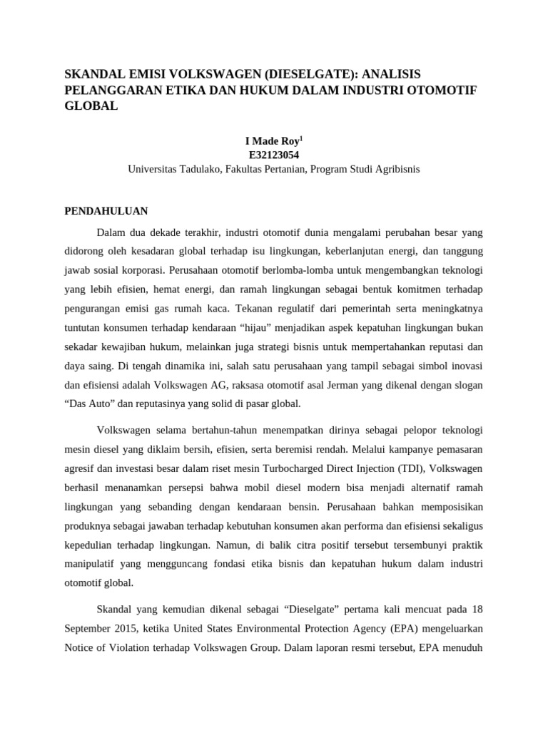 Esay Skandal Emisi Volkswagen | PDF