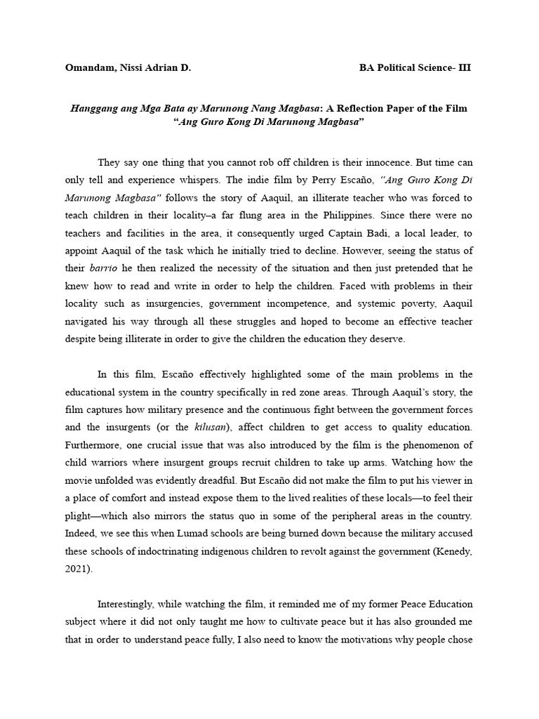 Ang Guro Kong Di Marunong Magbasa (Film Reflection Essay) | PDF