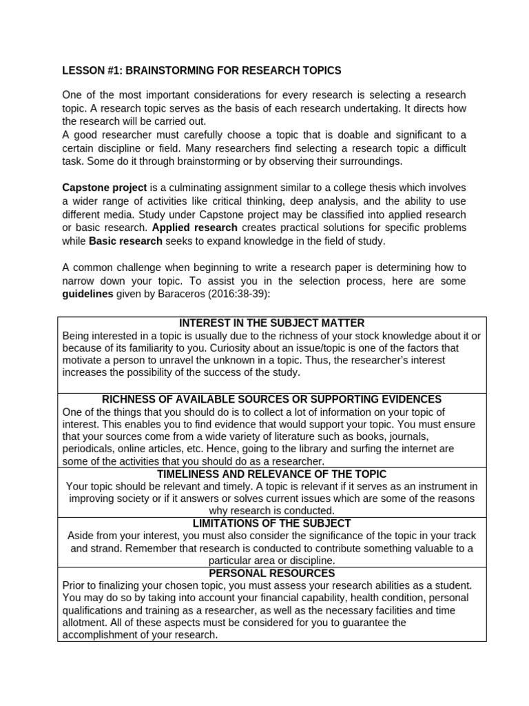 Lesson #1 - Brainstorming For Research Topics | PDF | Psychological Concepts | Neuroscience