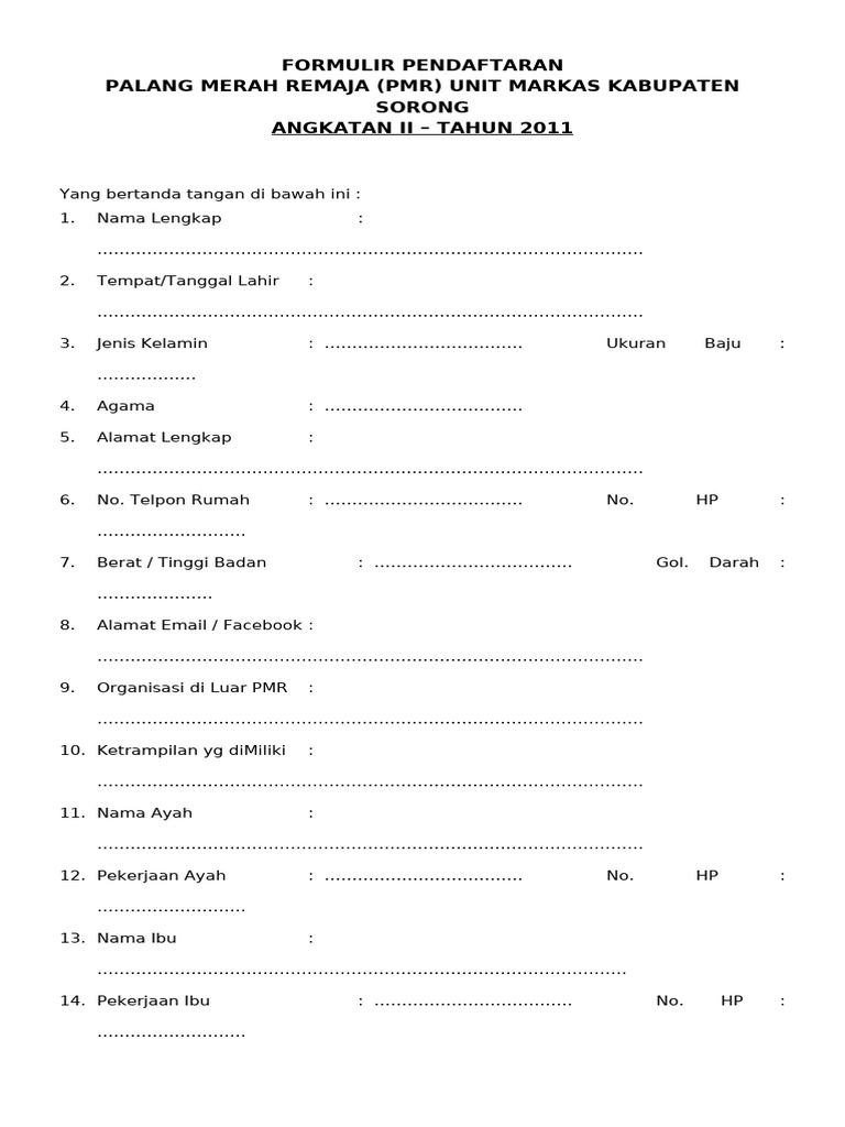 Formulir Pendaftaran PMR Sorong 2011 | PDF