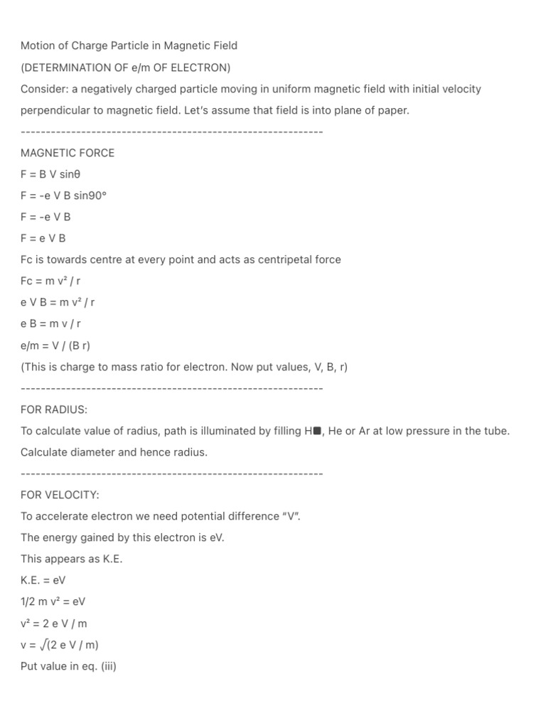 Motion of Charge Particle in Magnetic Field | PDF | Electron | Force
