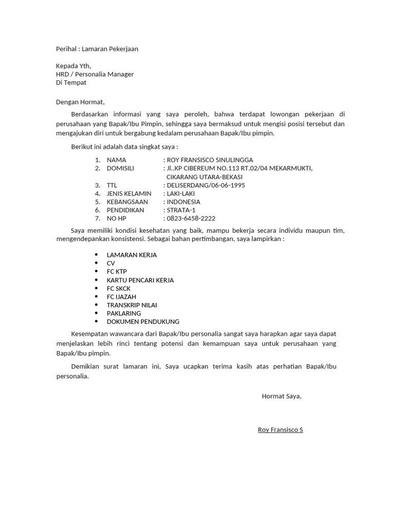 Lamaran Pekerjaan Roy Fransisco Sinulingga | PDF