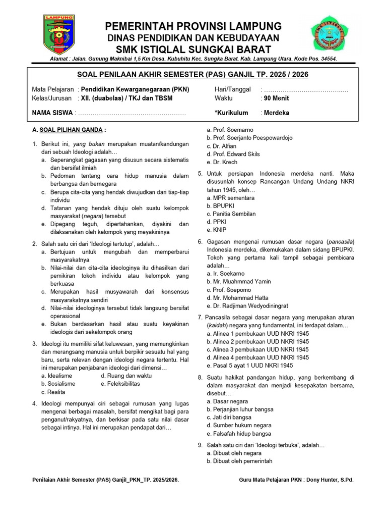 Soal Pas Ganjil - PPKN - Kls. 12 - SMK Istiqlal - 2025 | PDF