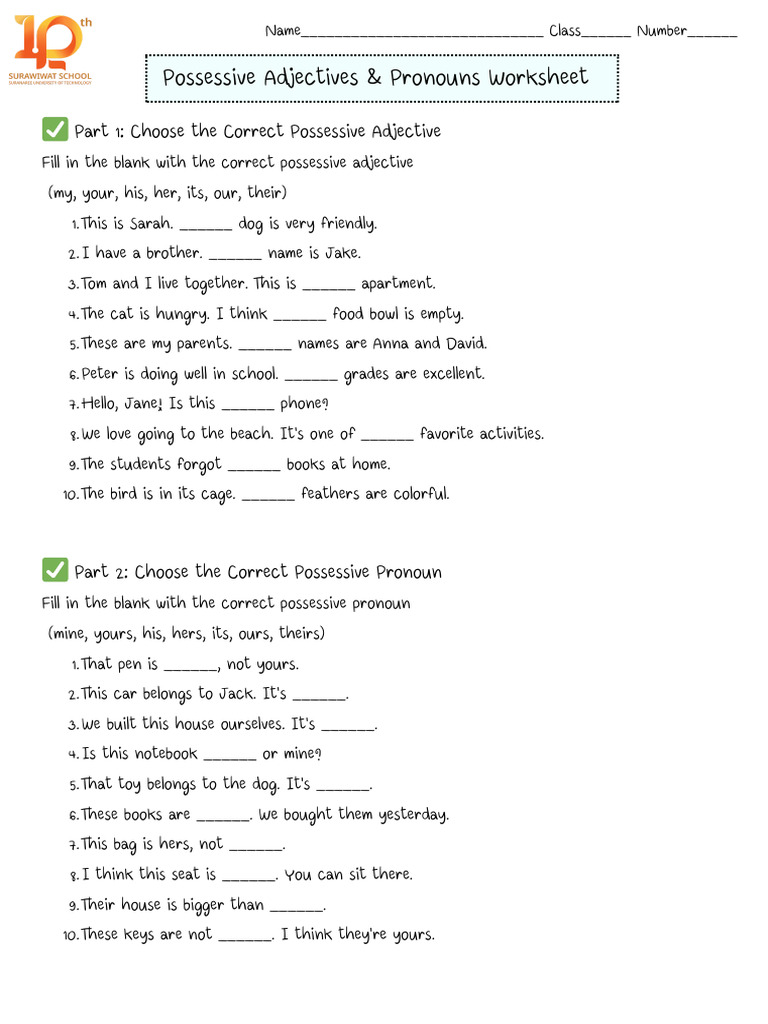 Possessive Adjectives & Pronouns Worksheet | PDF | Grammar | Syntax