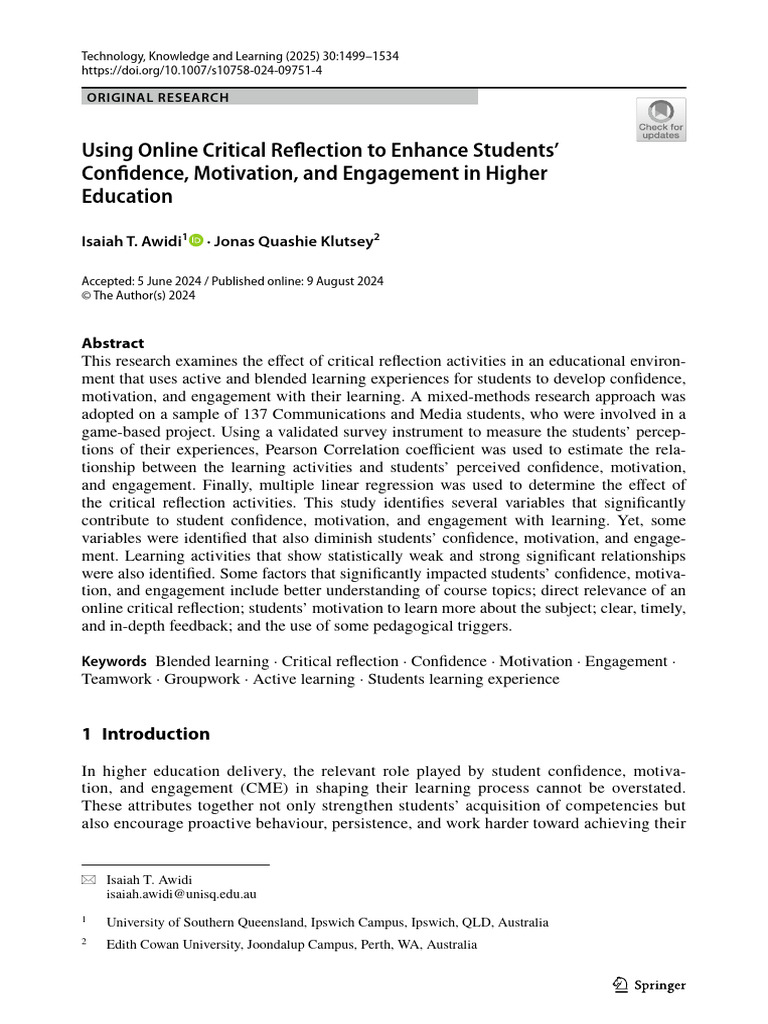 Using Online Critical Reflection To Enhance Students' Confidence ...