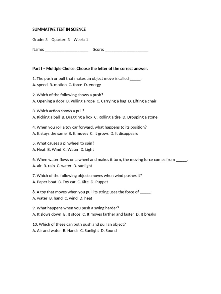 Summ_test Science 3 q3 w1 | PDF | Force