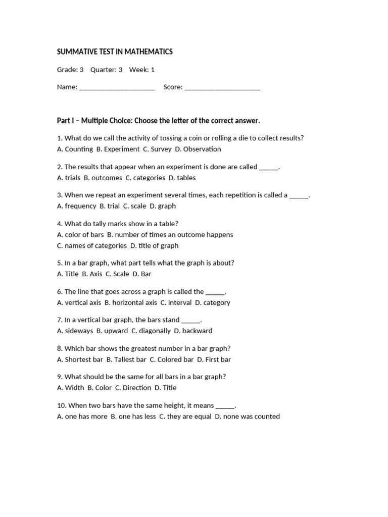 Grade 3 Math Summative Test | PDF