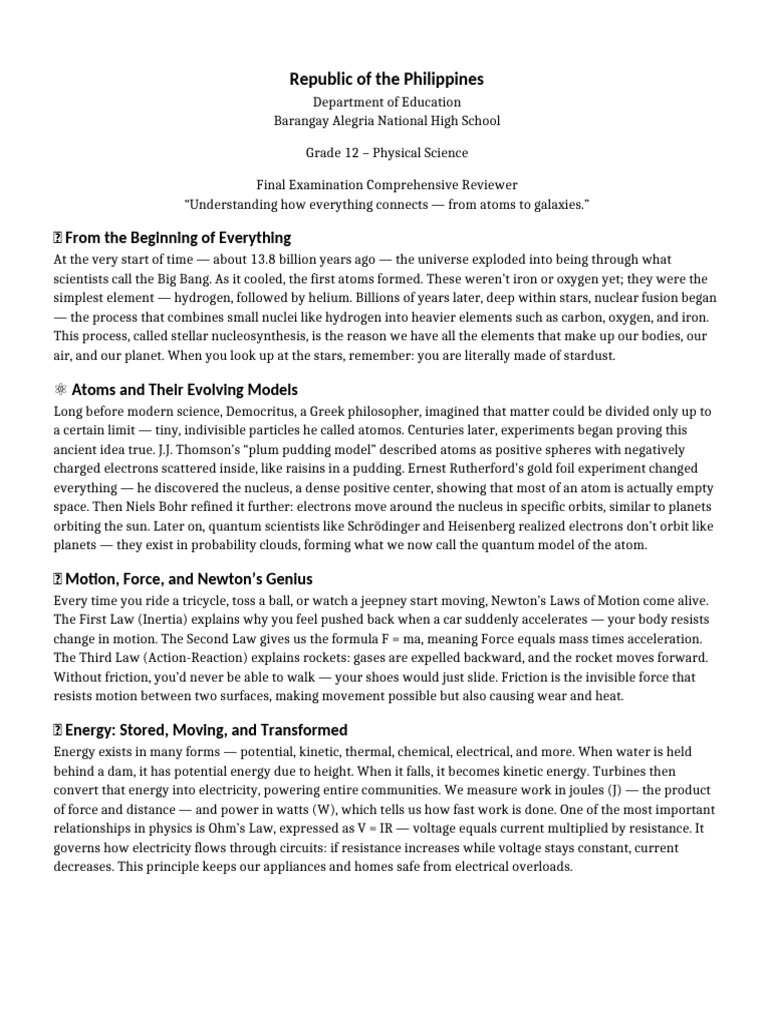 Grade 12 Physical Science Exam Reviewer | PDF | Atoms | Sun