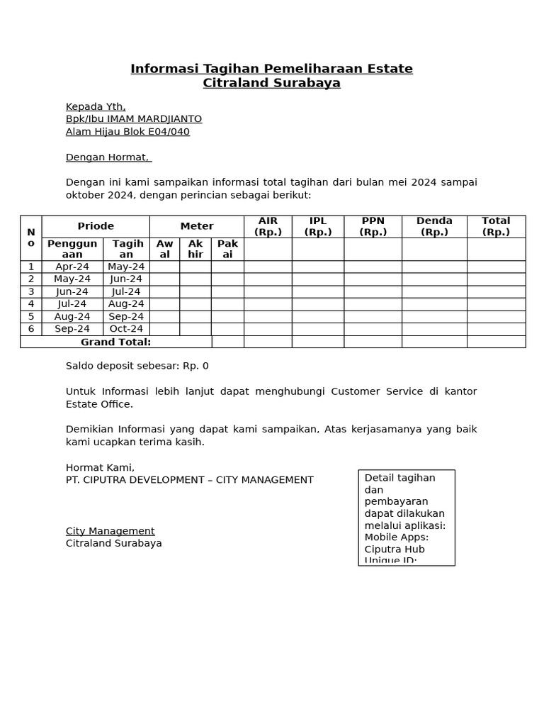 Tagihan Pemeliharaan Citraland Surabaya | PDF