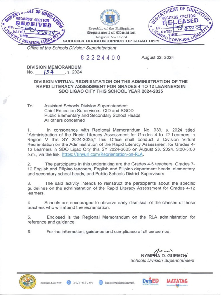 DM No. 154 S. 2024 - Division Virtual Reorientation On The ...
