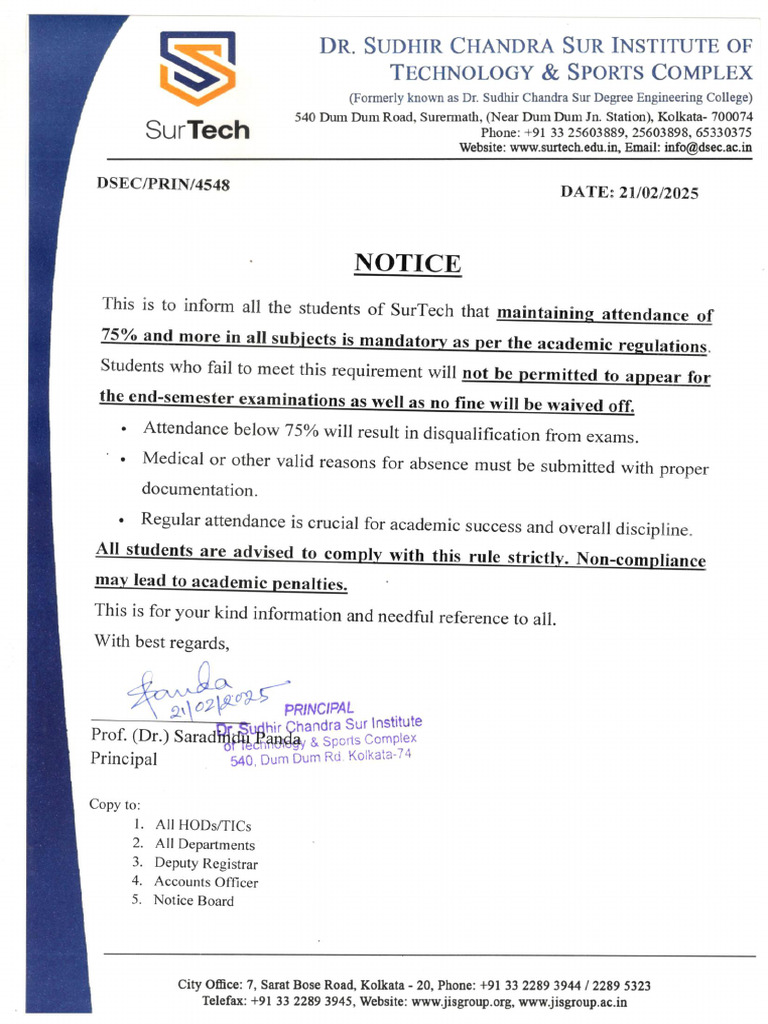 Notice - Mandatory 75% Attendance For All Students | PDF