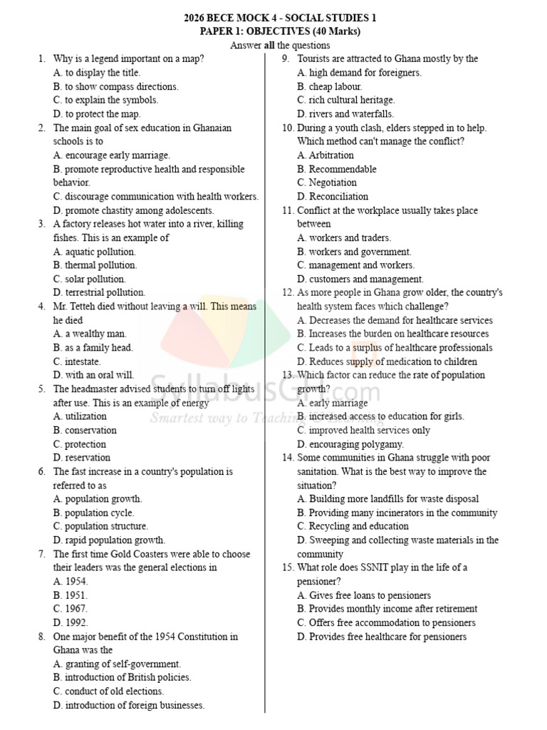 2026 BECE Mock Social Studies Paper 1 | PDF
