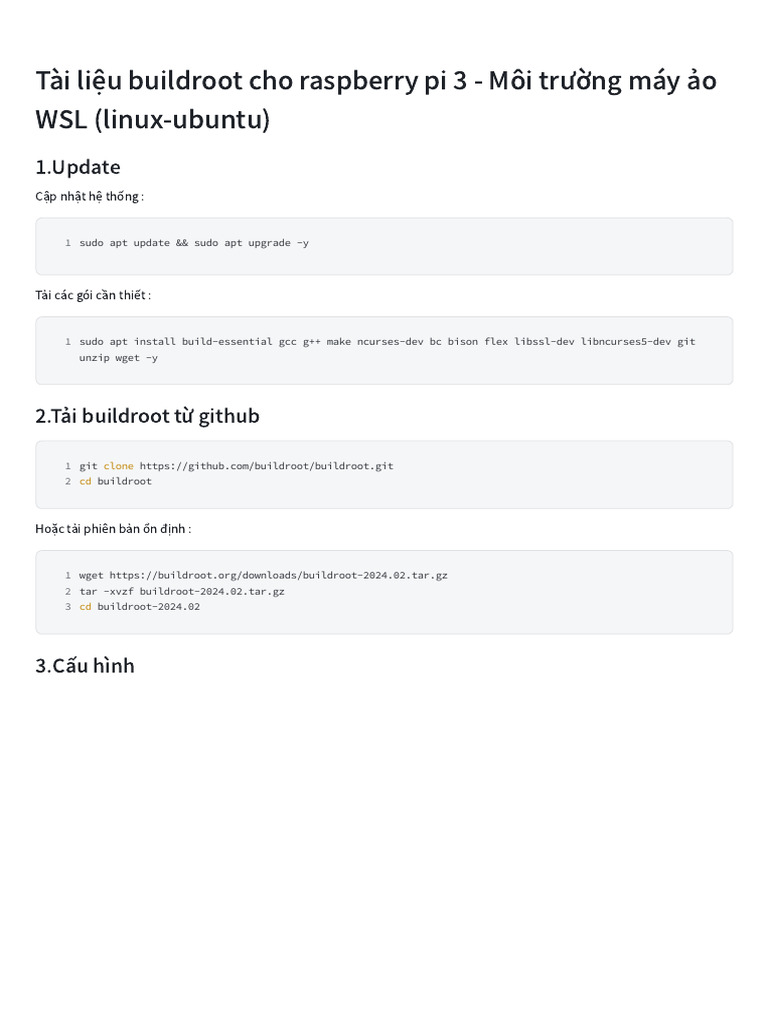Tài Liệu Buildroot Cho Raspberry Pi 3 - Môi Trường Máy Ảo WSL (Linux-ubuntu) | PDF