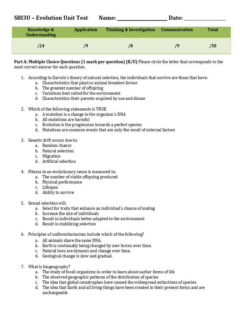 SBI3U Evolution Unit Test Questions | PDF | Natural Selection | Evolution