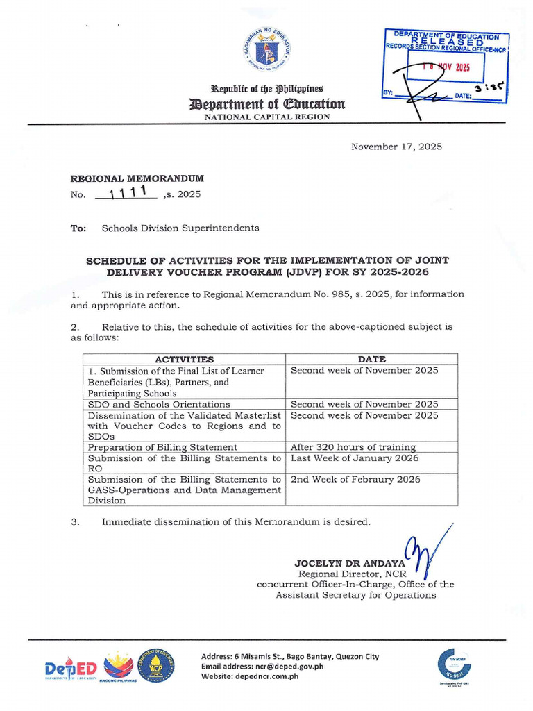 RM No. 1111 s. 2025- Schedule of Activities for the Implementation of ...