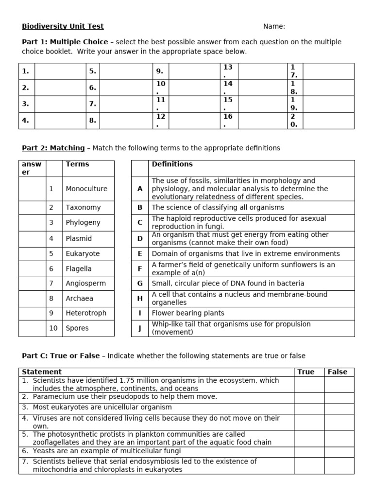 Biodiversity Unit TestName | PDF | Cell (Biology) | Eukaryotes