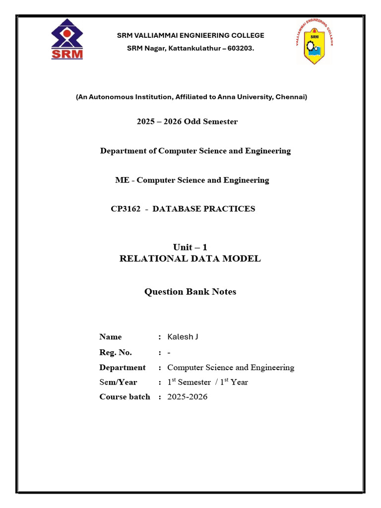 CP3162 - DP - Unit-1 - Relational Data Model | PDF | Relational Model | Databases