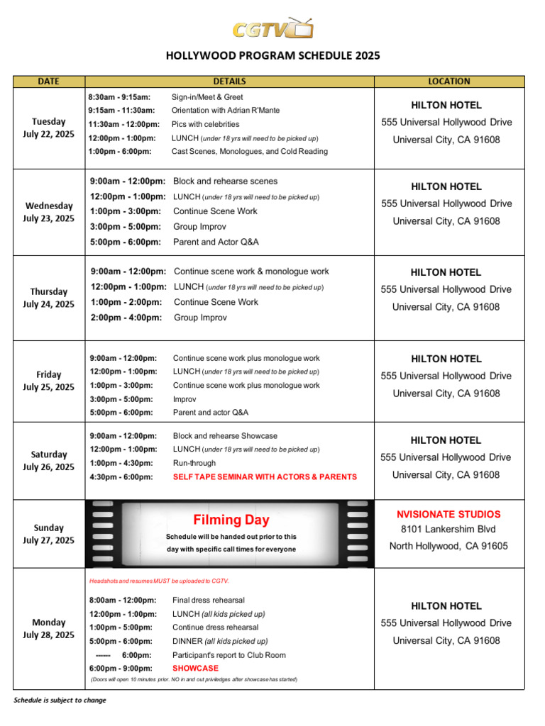 Hollywood Program Schedule 2025 | PDF
