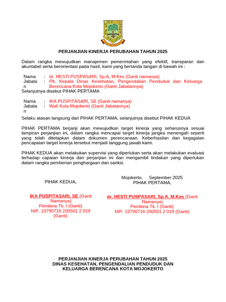 Format Perjanjian Kinerja Perubahan Tahun 2025 | PDF