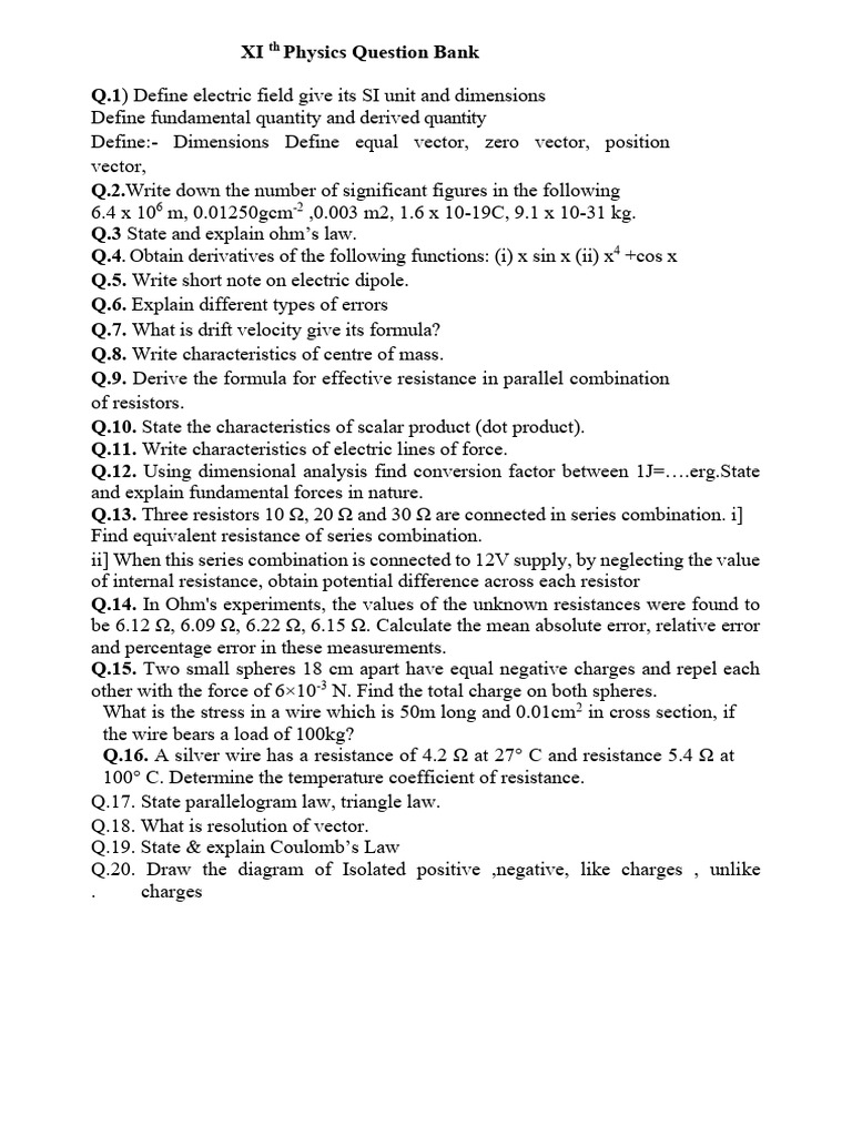 XI Physics Question Bank Overview | PDF