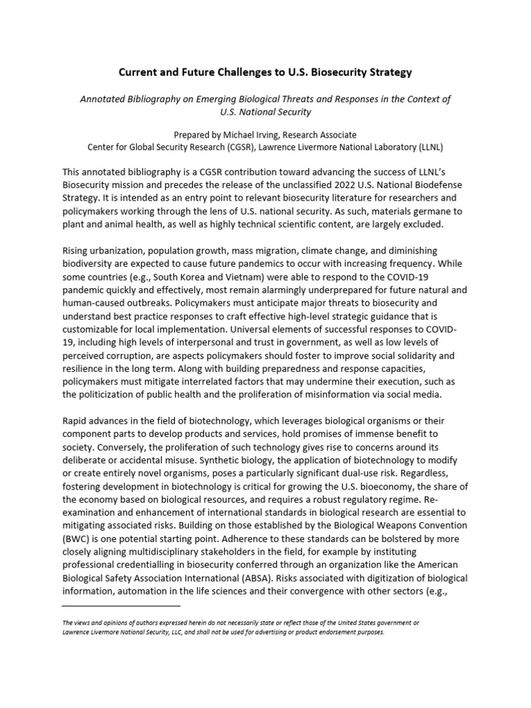 U.S. Biosecurity Strategy Challenges | PDF | Pandemic | Public Health