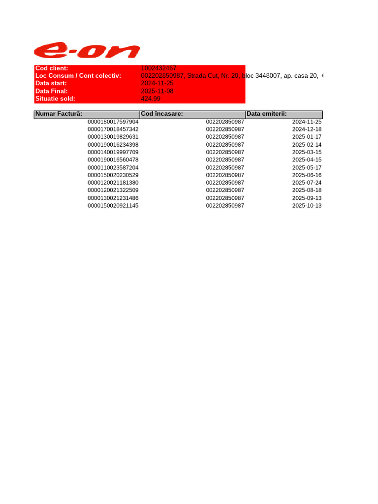 Facturi și Sold pentru Casa 20, Neamț | PDF