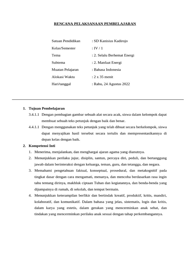 RPP Kelas 4A Penggalan 1 B.indo Ke2 | PDF