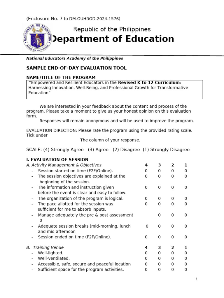 Enclosure No. 7 Sample End-Of-Day Evaluation Tool - SCIS | PDF | Human ...