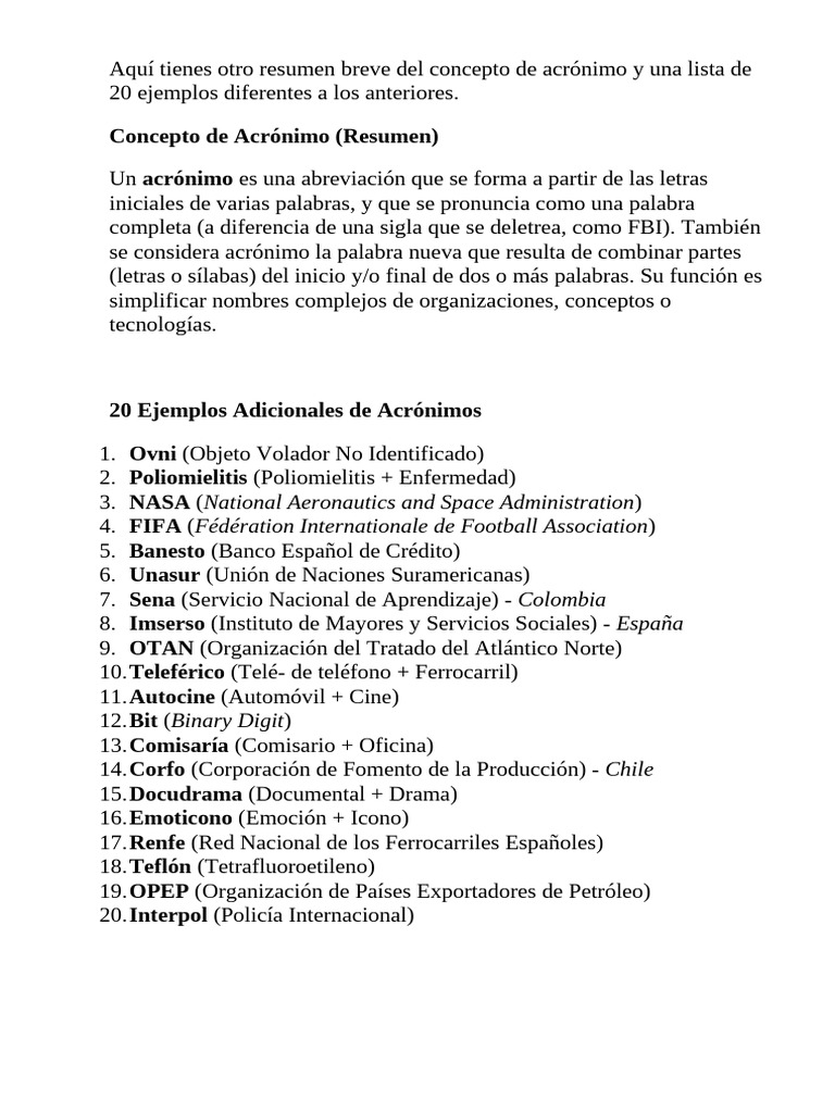 Definición y 20 Ejemplos de Acrónimos | PDF