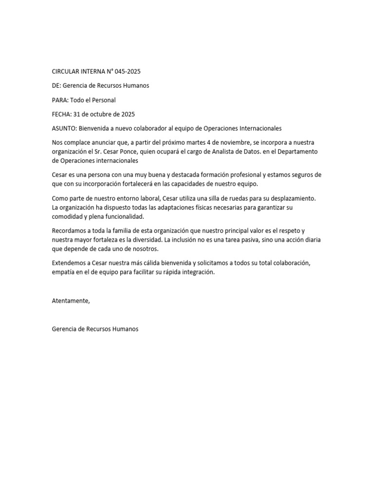 Bienvenida a Cesar Ponce en Operaciones | PDF