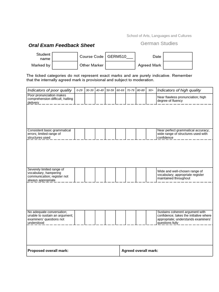 Oral Exam Feedback Sheet Template | PDF