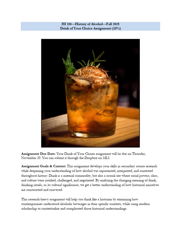 HI 110 Drink of Your Choice Assignment Guidelines | PDF | Alcoholic ...