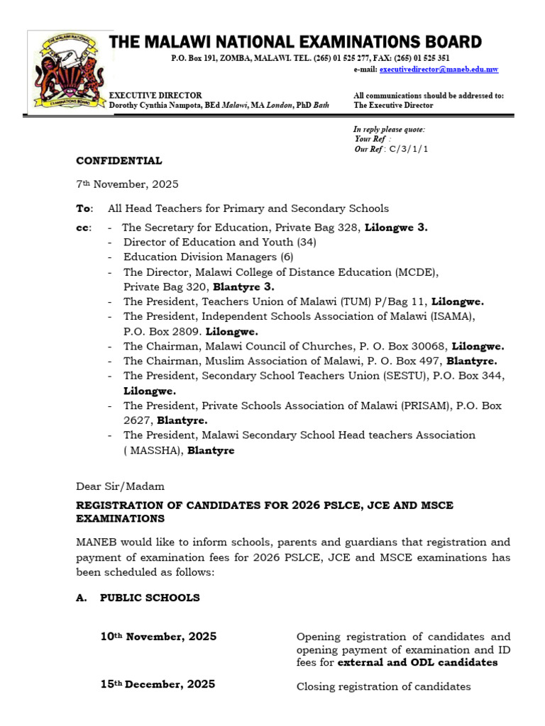 Circular - Registration of Candidates For 2026 Pslce, Jce & Msce ...
