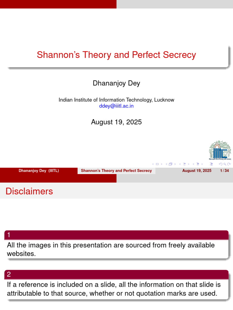 Shannon's Theory and Perfect Secrecy | PDF | Key (Cryptography ...