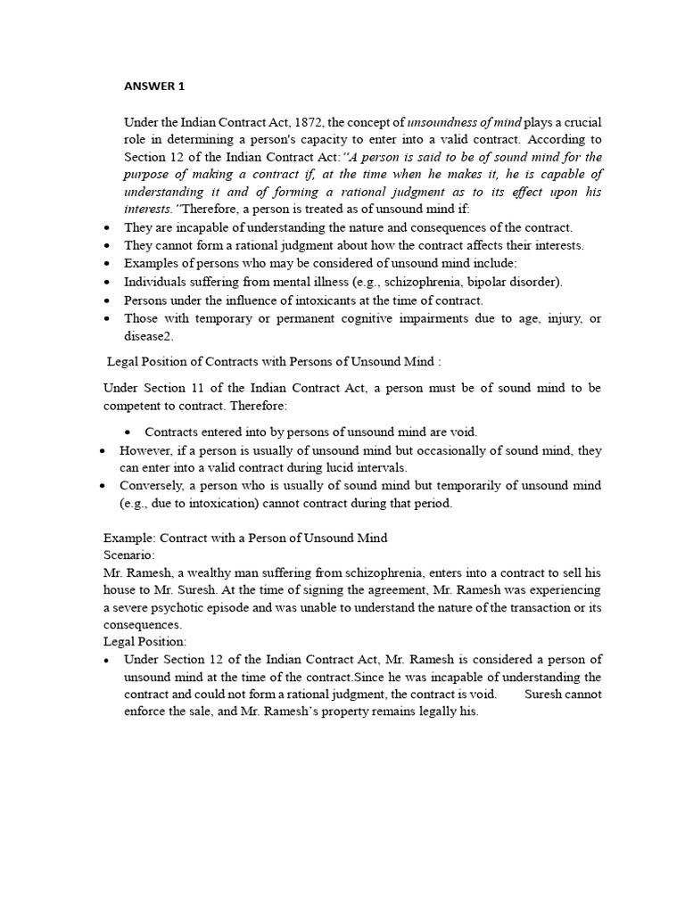 Unsound Mind and Contract Validity in India | PDF | Negotiable ...